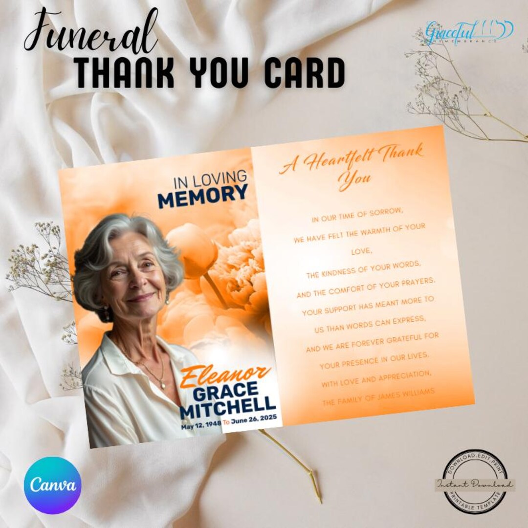 Funeral Thank You Card | Memorial Appreciation Card | Editable Canva ...
