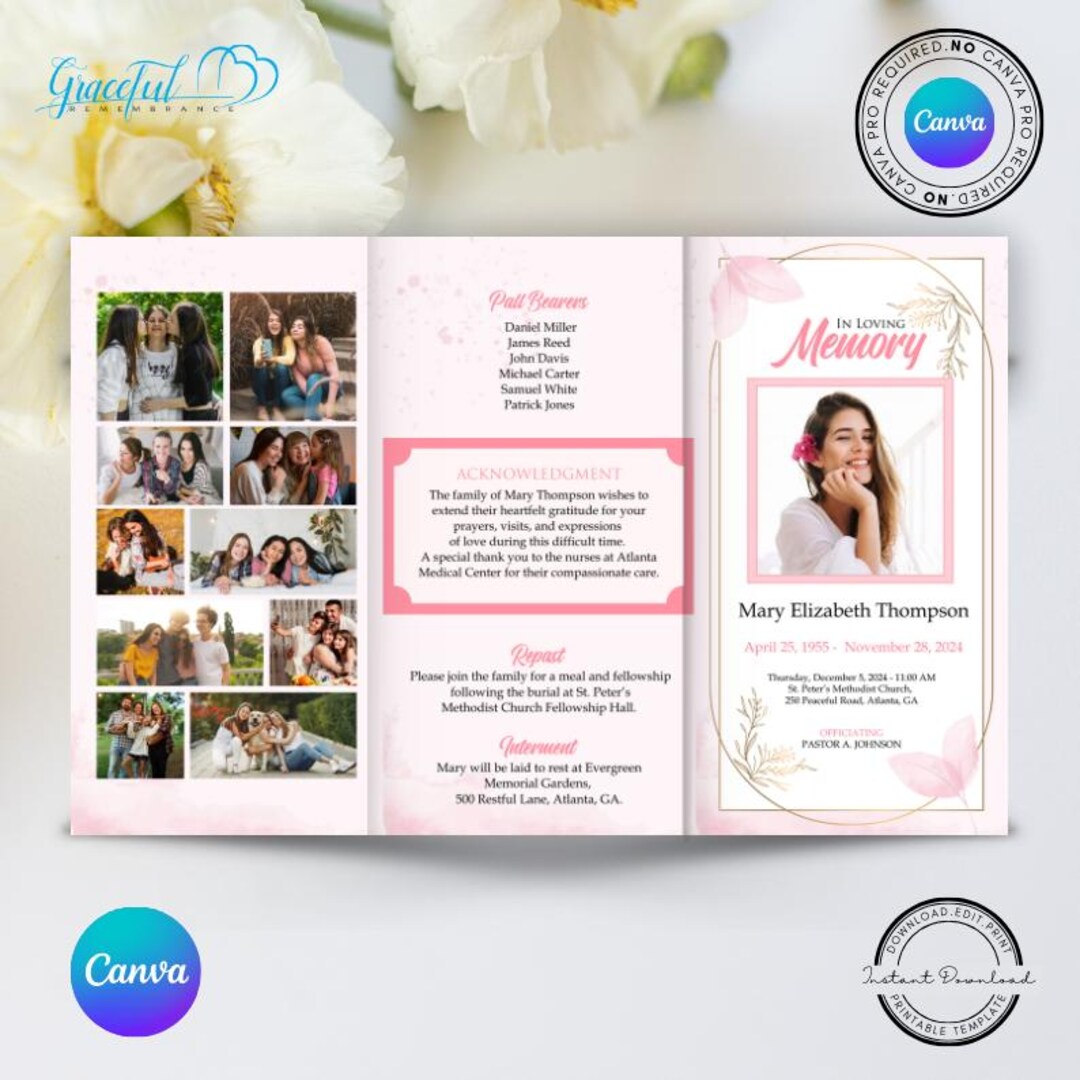 Pastel Pink Trifold Funeral Program Template, Celebration of Life ...