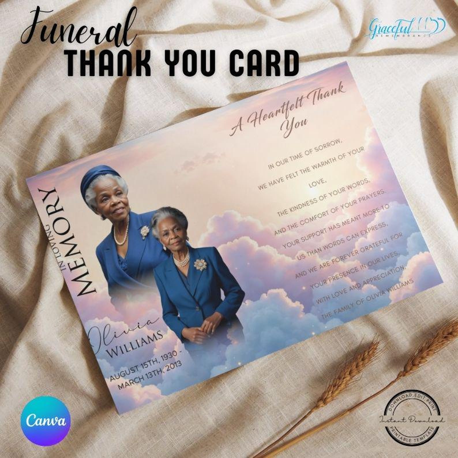 Funeral Thank You Card | Memorial Appreciation Card | Editable Canva ...