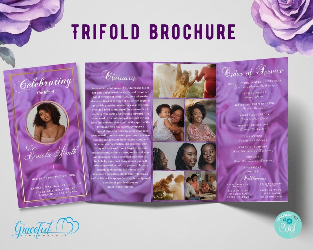 11x17 and 8.5x11: Trifold Funeral Brochure in Purple Hues Editable With ...