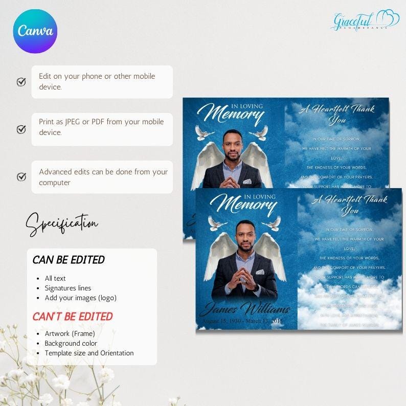 Funeral Thank You Card | Memorial Appreciation Card | Editable Canva ...