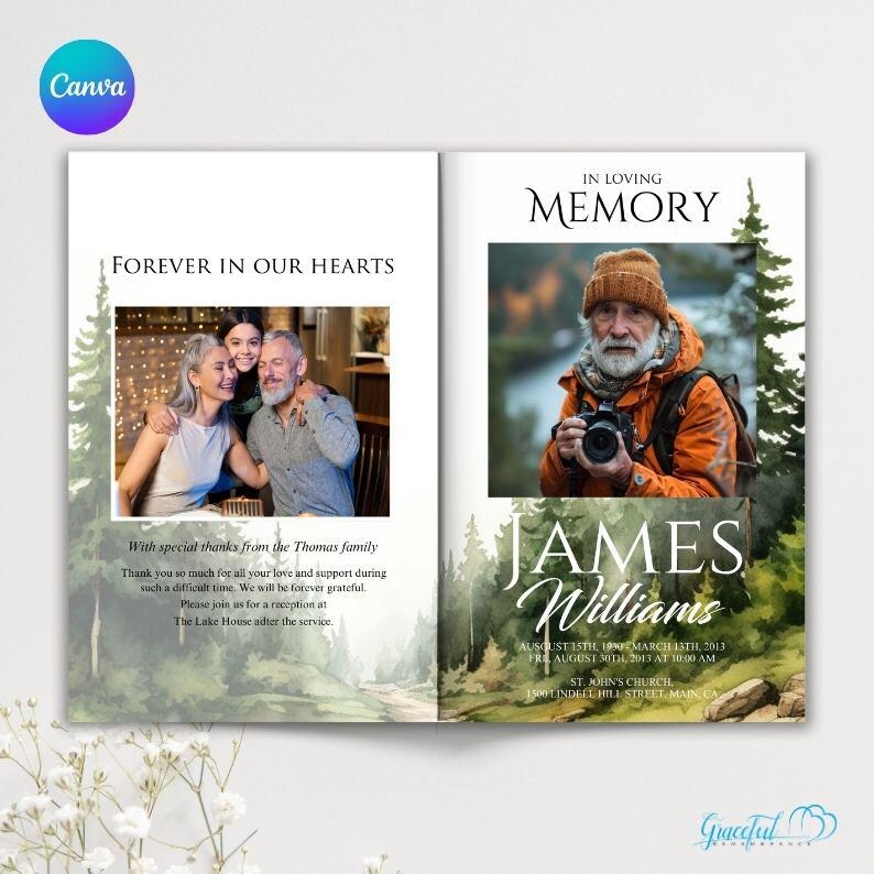 Nature-themed 4-page Funeral Program Template | Bifold Memorial ...