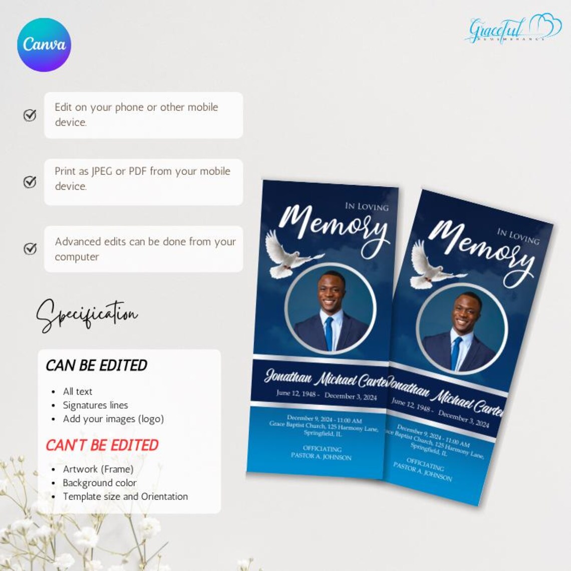 Dark Blue Funeral Program Template – 11"x17" Trifold Memorial Brochure ...