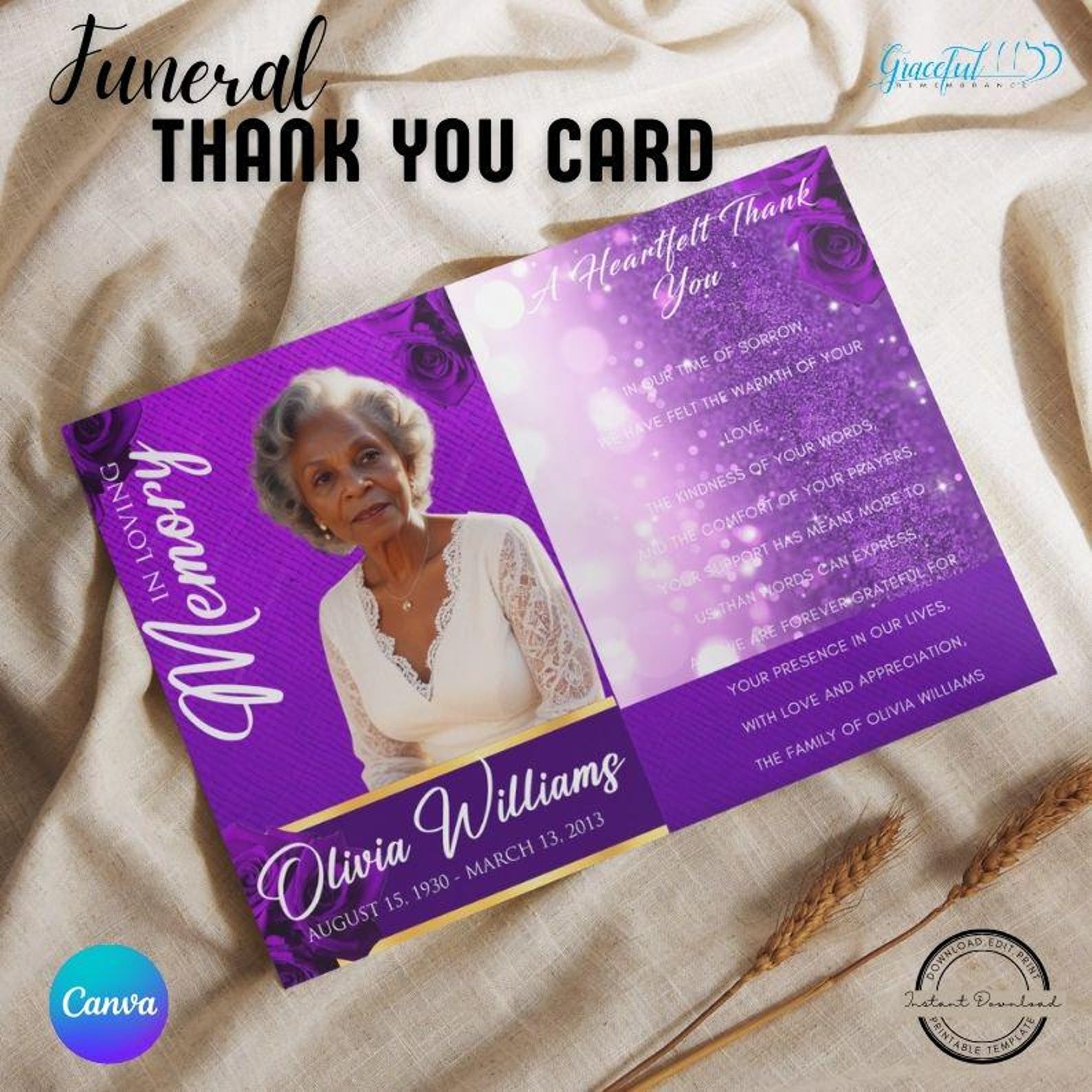 Funeral Thank You Card | Memorial Appreciation Card | Editable Canva ...