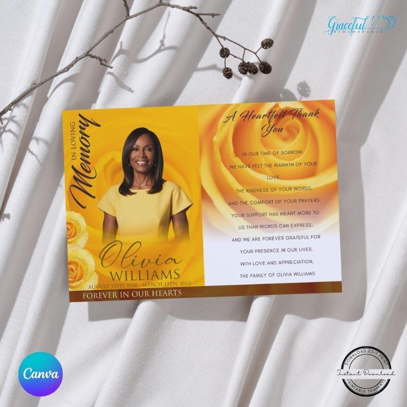 Funeral Thank You Card | Memorial Appreciation Card | Editable Canva ...