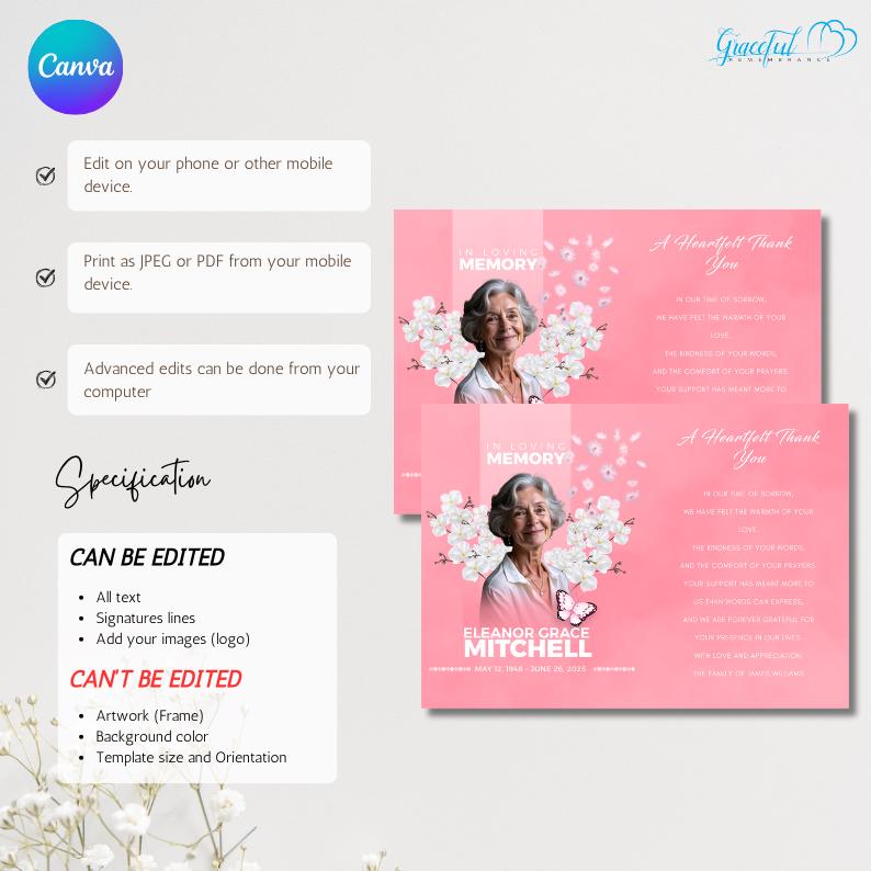 Funeral Thank You Card | Memorial Appreciation Card | Editable Canva ...