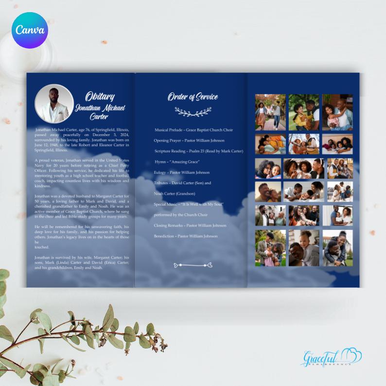 Sky-themed Funeral Program Template – 11"x17" Trifold Memorial Brochure | Editable in Canva ...
