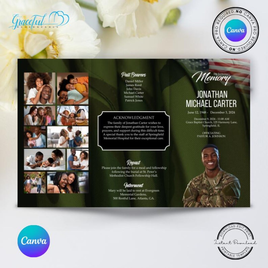 US Army Trifold Funeral Program Template – 11"x17" Memorial Brochure ...