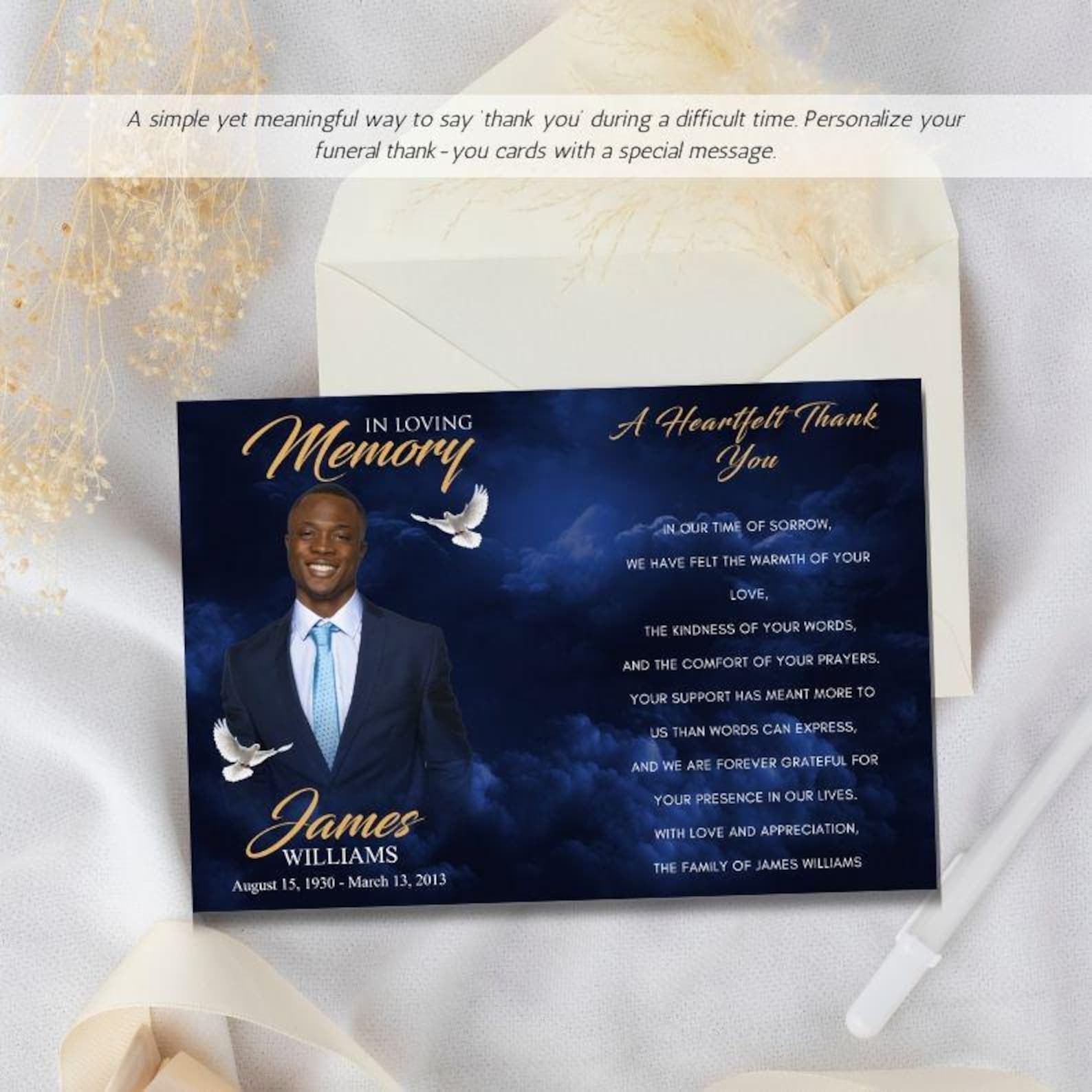 Funeral Thank You Card | Memorial Appreciation Card | Editable Canva ...