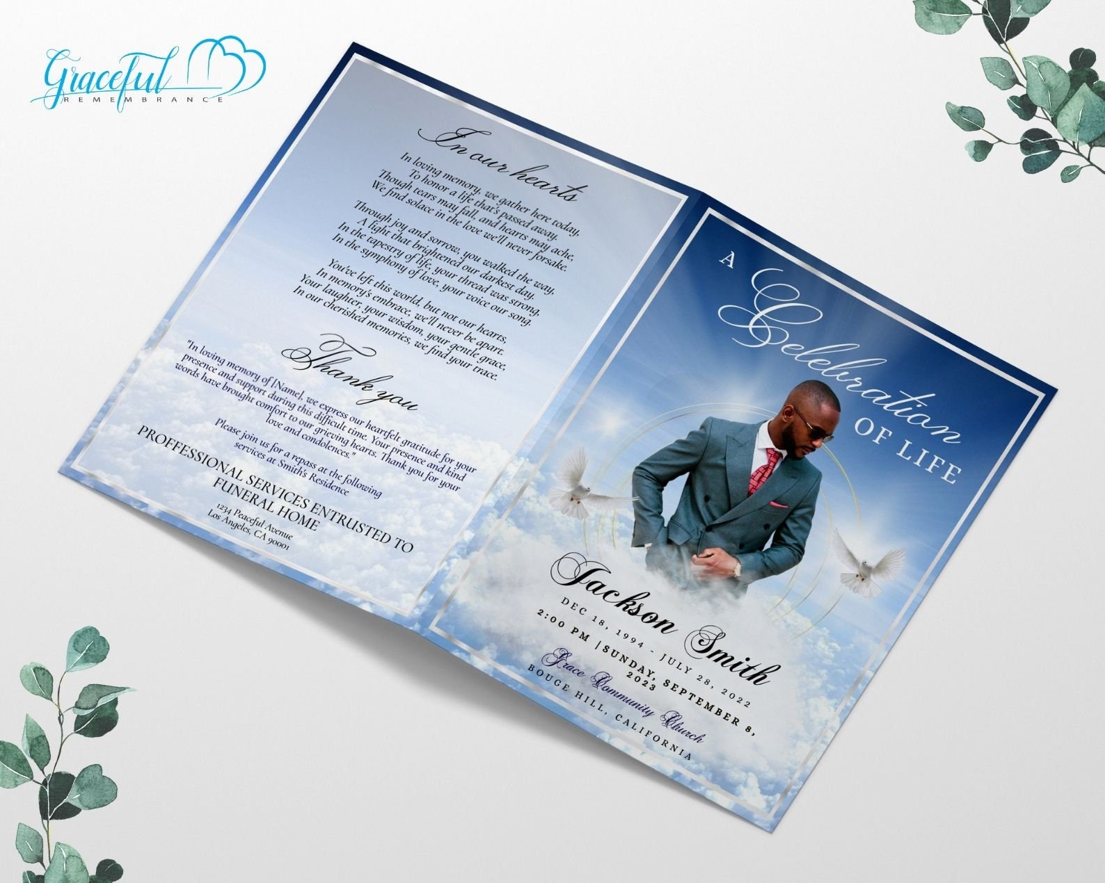 8.5"x11" and 8.5"x5.5": Bifold Funeral Brochure in Blue & White ...