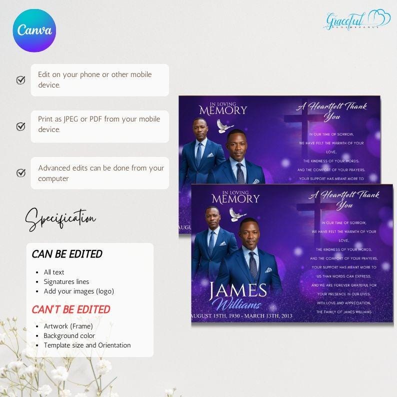 Funeral Thank You Card | Memorial Appreciation Card | Editable Canva ...