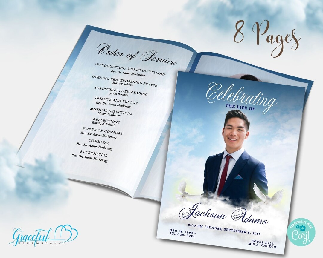 11"x17" and 8.5"x11": 8-page Funeral Program Template in Serene Tones ...