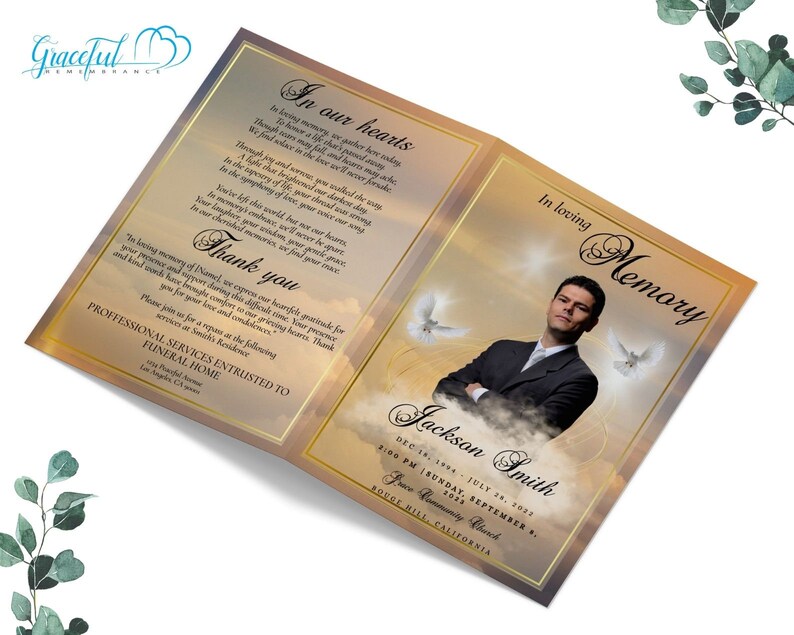 Golden Elegance: 8.5x5.5in 4 Pages Bifold Funeral Brochure in Shades of ...
