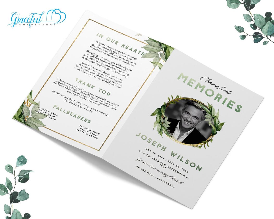 Leafy Serenity: Bifold Funeral Brochure With White Background and ...