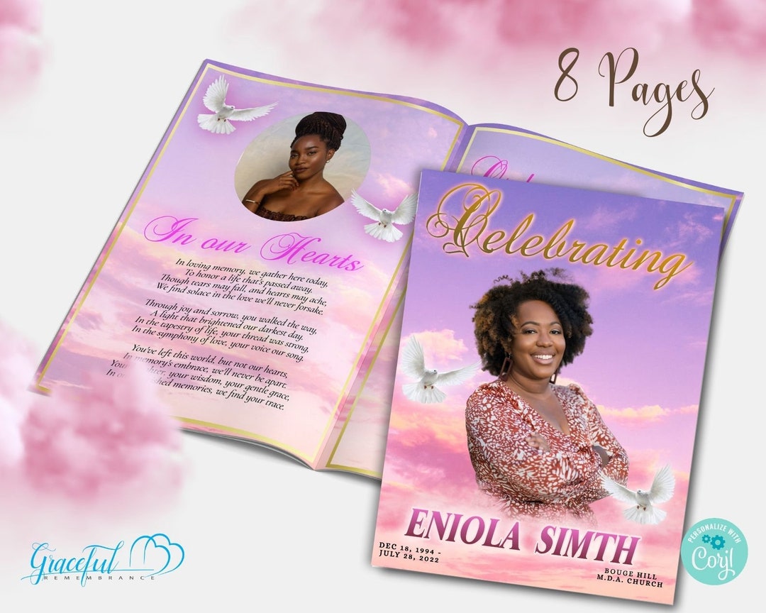 Elegance in Purple & Pink: 8-page Funeral Program Template in Vibrant ...