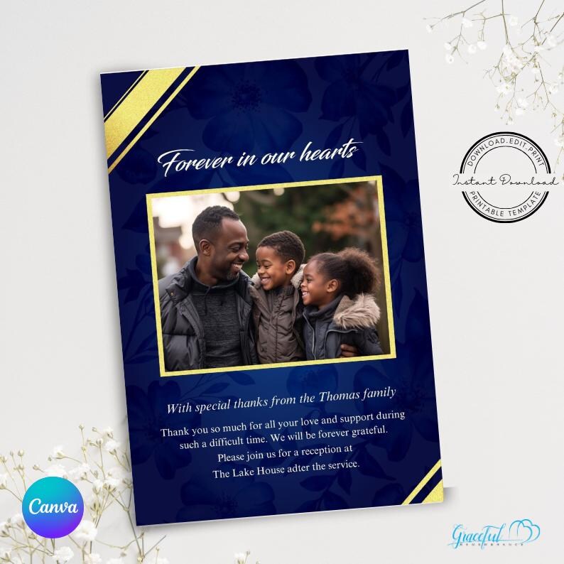 Dark Blue Funeral Program Template, 4-page Obituary Brochure, Canva ...