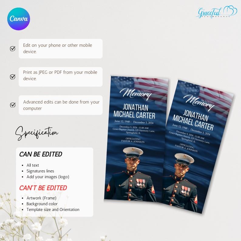 US Marines Trifold Funeral Program Template, Celebration of Life ...