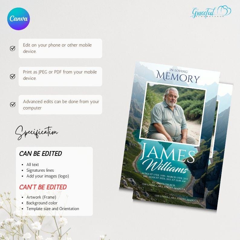 Nature-themed 4-page Funeral Program Template | Bifold Memorial ...