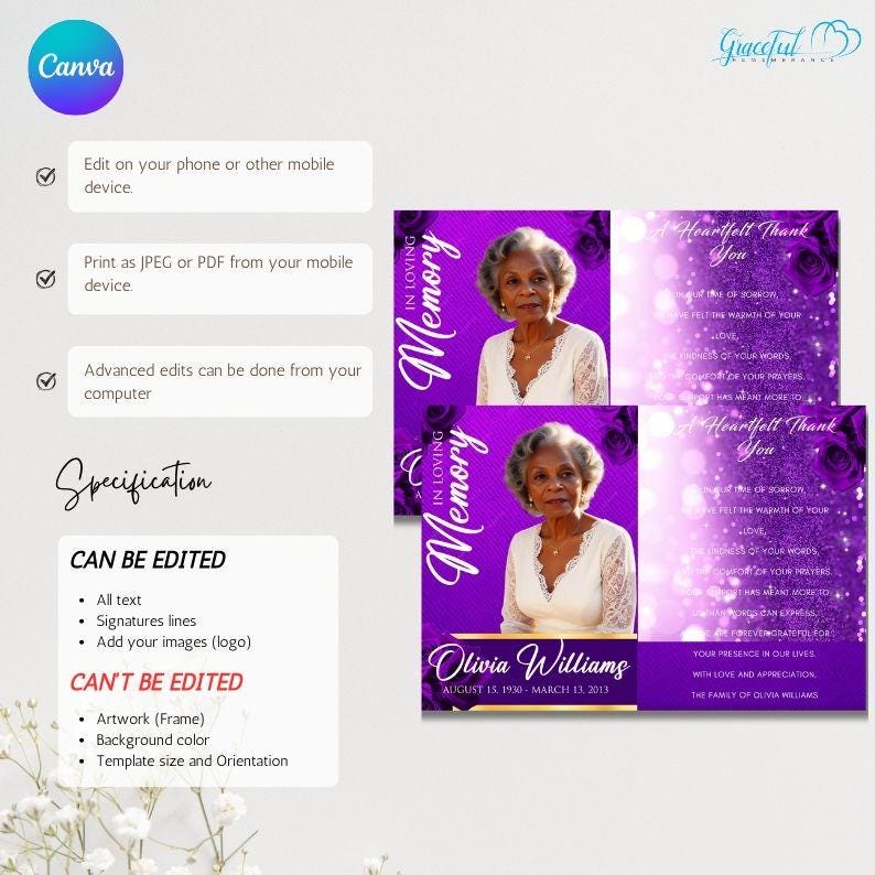 Funeral Thank You Card | Memorial Appreciation Card | Editable Canva ...