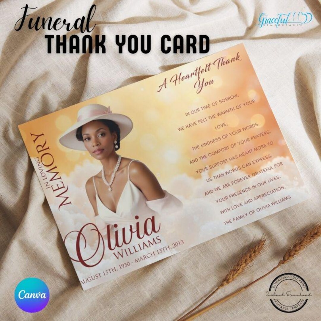 Funeral Thank You Card | Memorial Appreciation Card | Editable Canva ...
