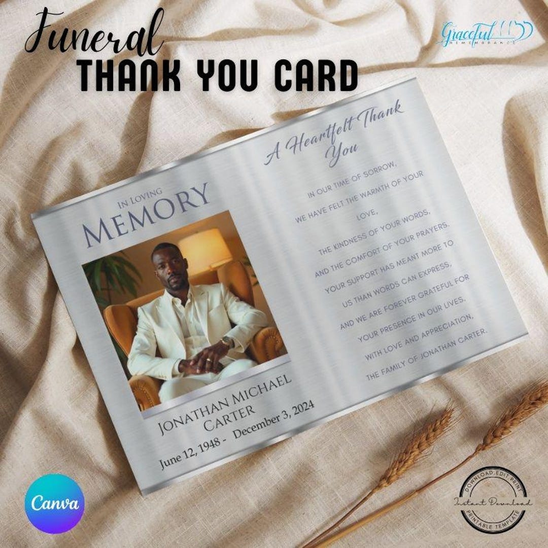 Funeral Thank You Card | Memorial Appreciation Card | Editable Canva ...