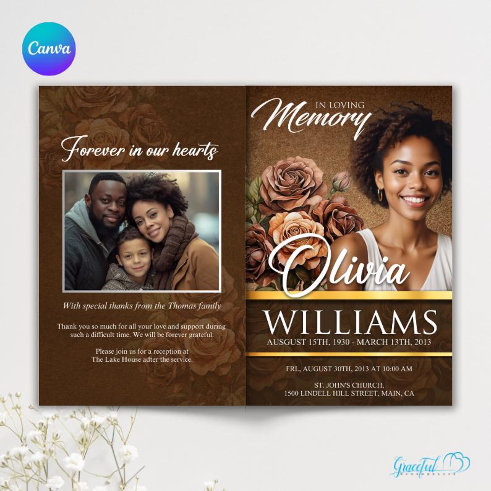 Brown Floral-themed 4-page Funeral Program Template | Bifold Memorial ...