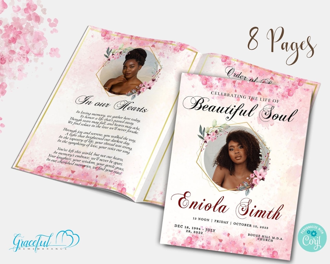 Elegance in Light Pink: 8-page Funeral Program Template in Serene Tones ...