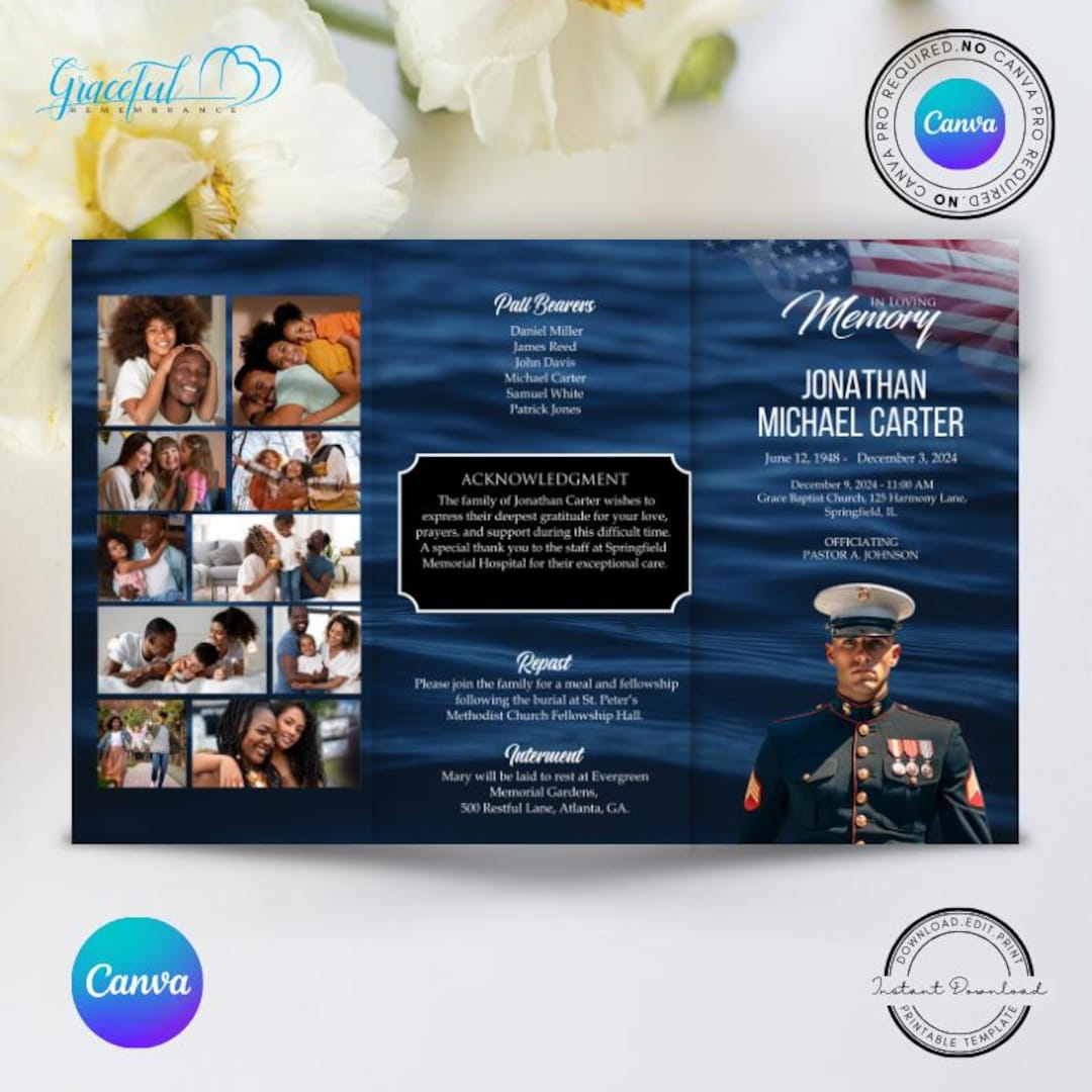 US Marines Trifold Funeral Program Template, Celebration of Life ...