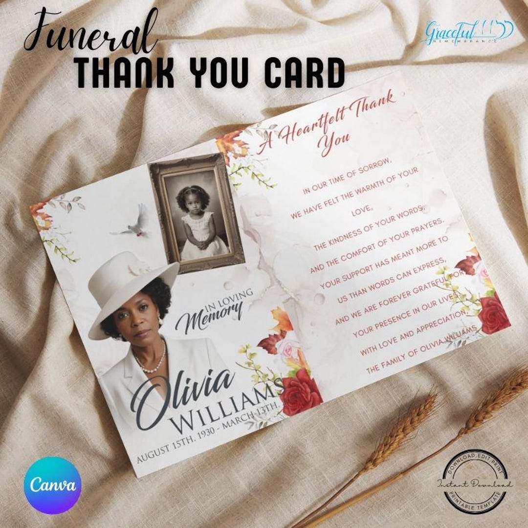 Funeral Thank You Card | Memorial Appreciation Card | Editable Canva ...