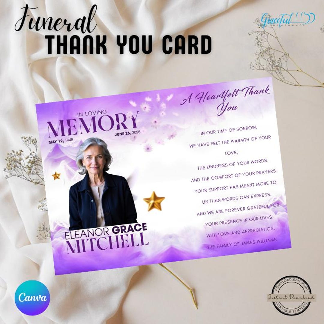 Funeral Thank You Card | Memorial Appreciation Card | Editable Canva ...