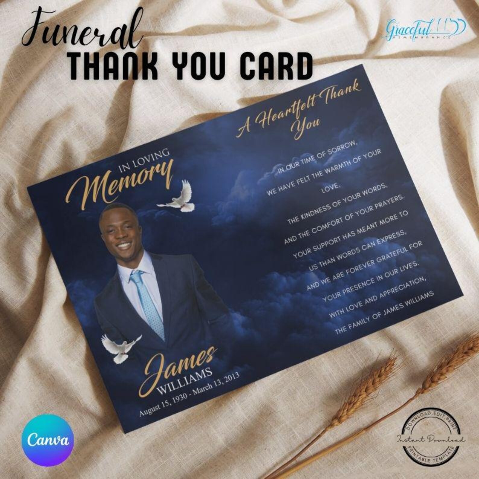 Funeral Thank You Card | Memorial Appreciation Card | Editable Canva ...