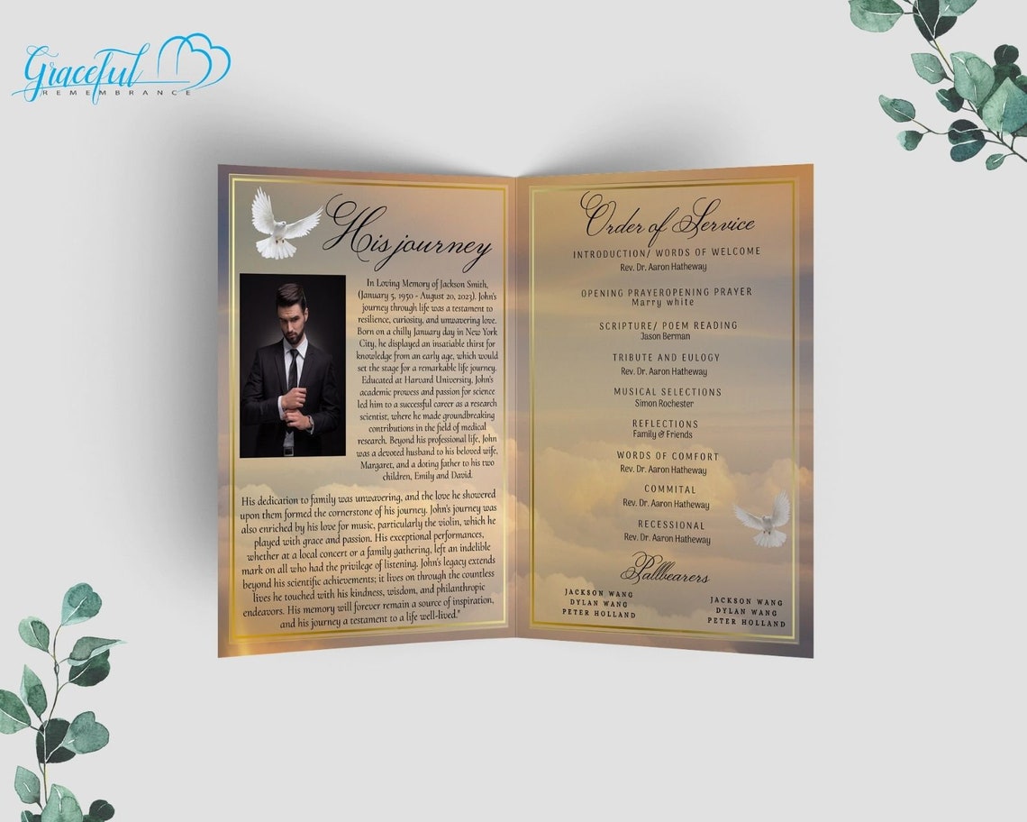 Golden Elegance: 8.5x5.5in 4 Pages Bifold Funeral Brochure in Shades of ...