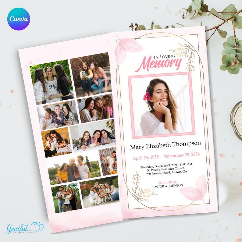 Pastel Pink Trifold Funeral Program Template, Celebration of Life ...