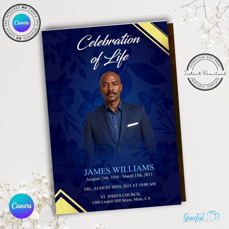 Dark Blue Funeral Program Template, 4-page Obituary Brochure, Canva ...