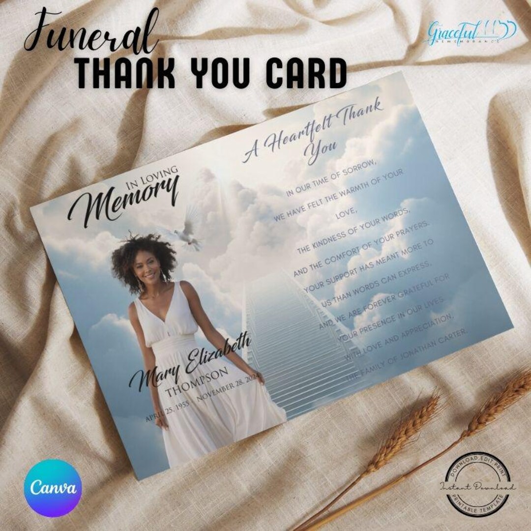 Funeral Thank You Card | Memorial Appreciation Card | Editable Canva ...