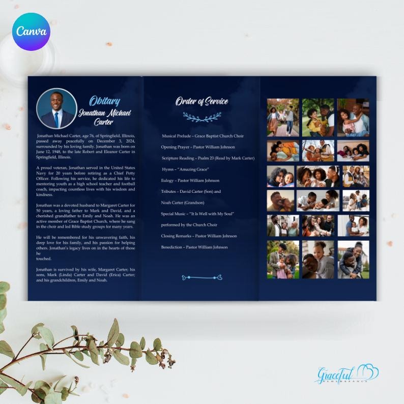 Dark Blue Funeral Program Template – 11"x17" Trifold Memorial Brochure ...
