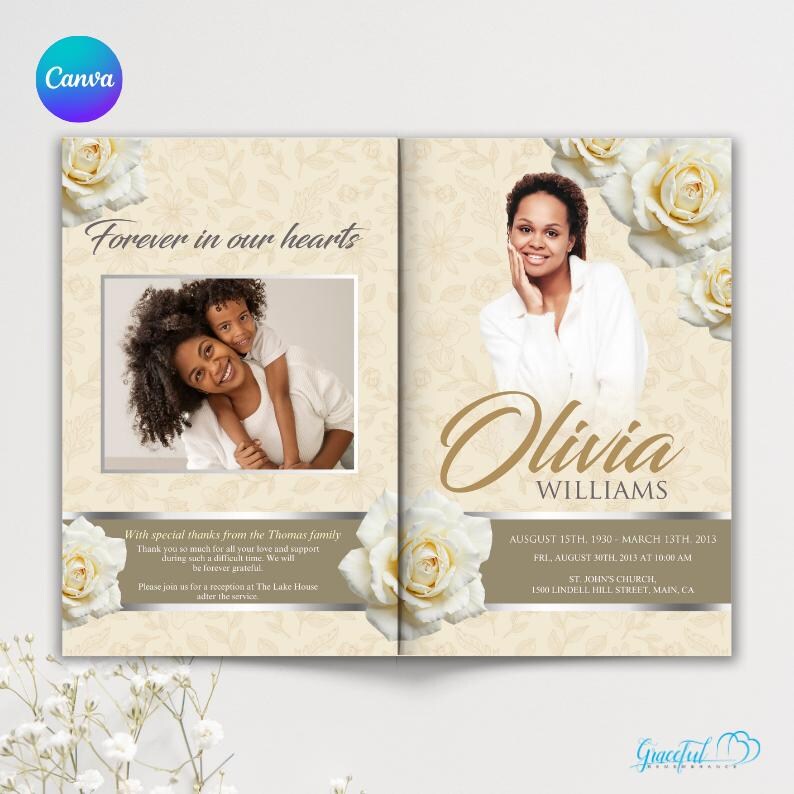 Floral-themed 4-page Funeral Program Template | Bifold Memorial ...