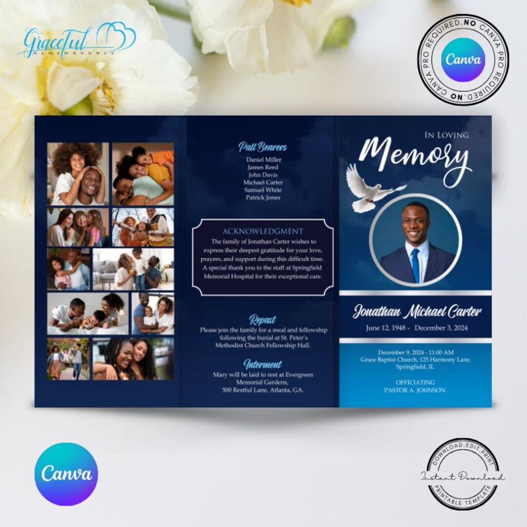 Dark Blue Funeral Program Template – 11"x17" Trifold Memorial Brochure ...