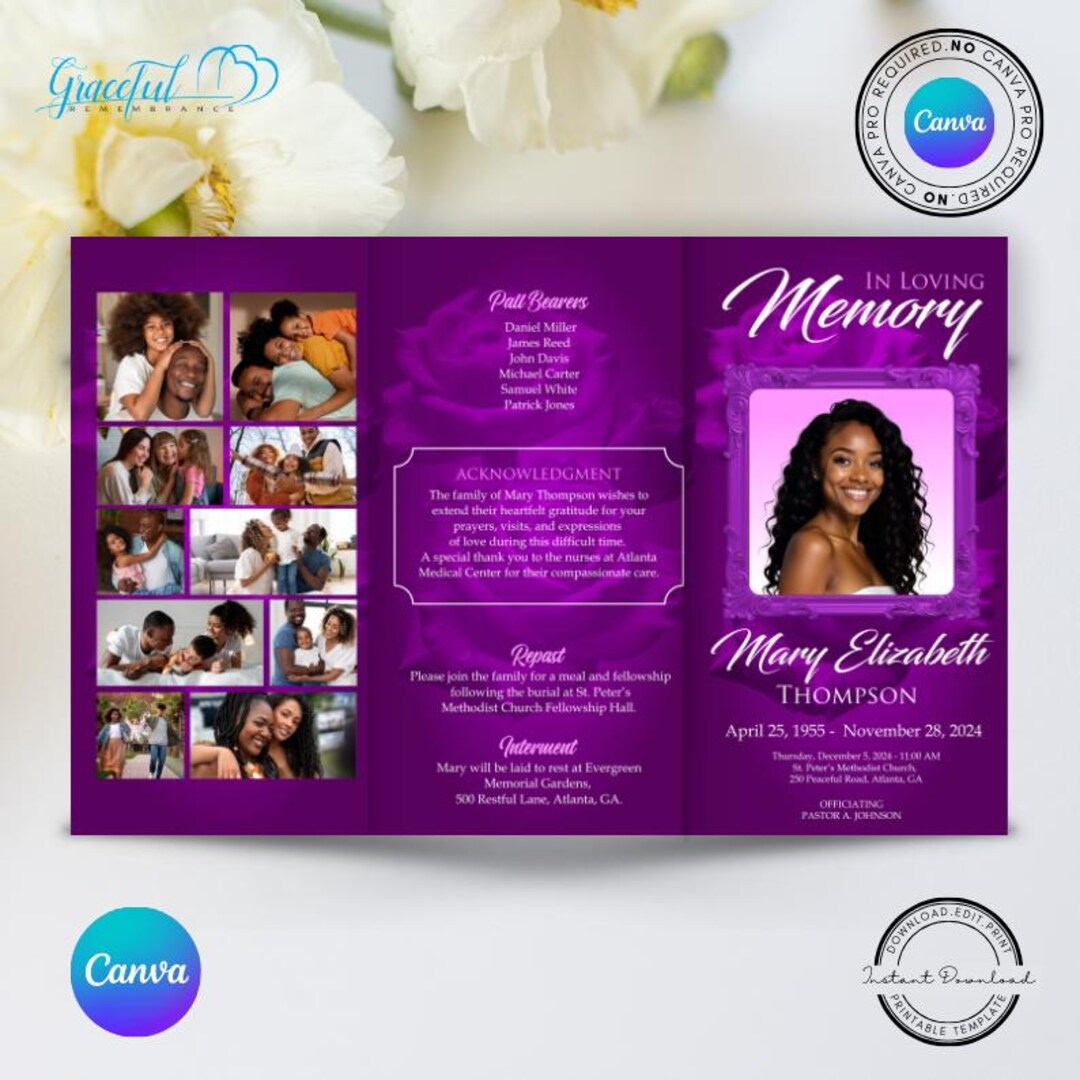Purple Trifold Funeral Program Template, Celebration of Life Brochure ...