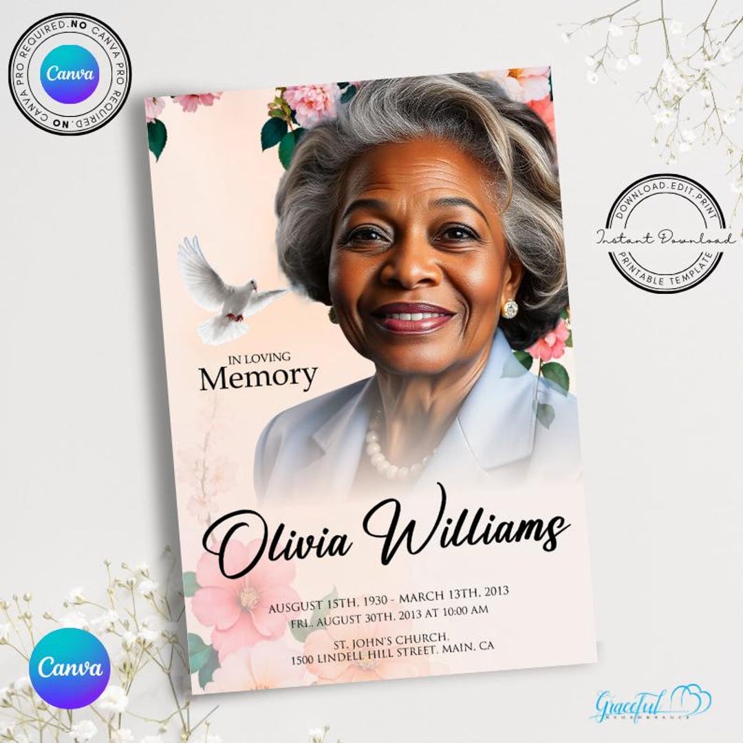 Pink Floral-themed 4-page Funeral Program Template | Bifold Memorial ...