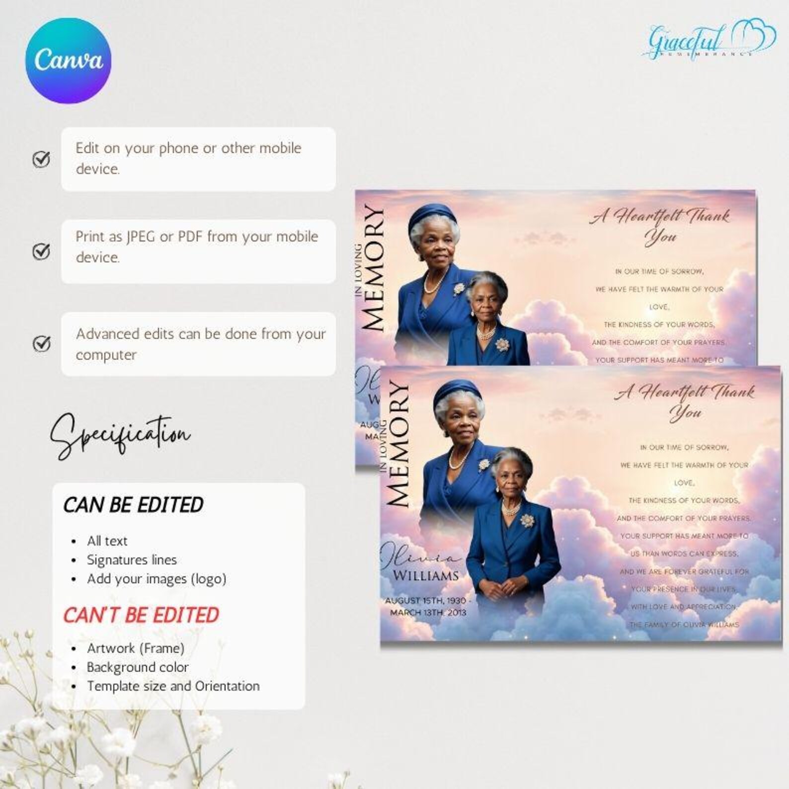 Funeral Thank You Card | Memorial Appreciation Card | Editable Canva ...