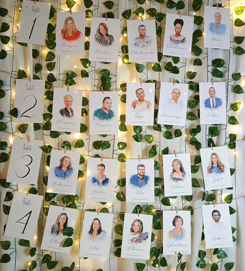 Personalized Wedding Guest Portrait Name Card, Seating Plan, Wedding ...