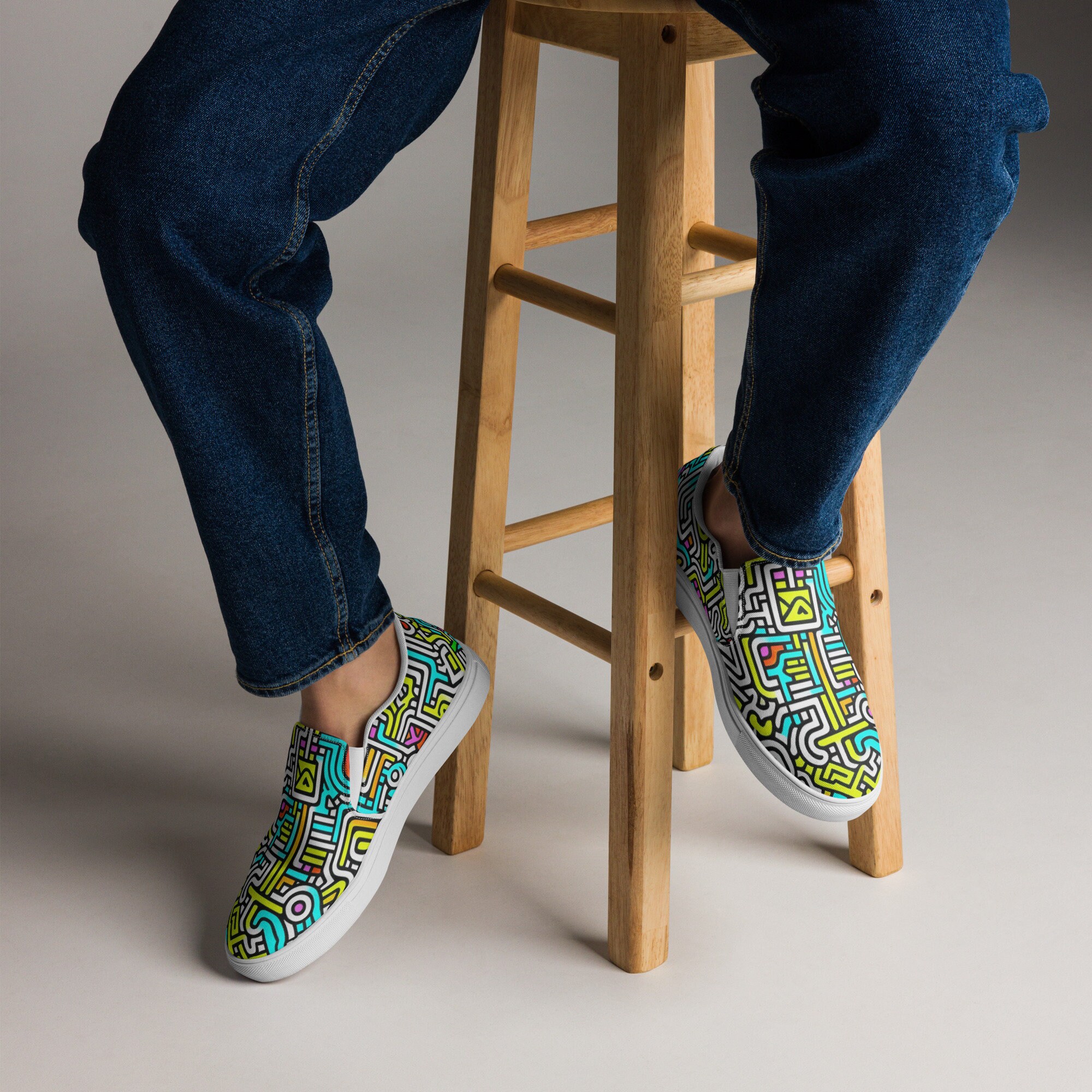Mens 90s Neon Maze Pattern Slip-on Canvas Shoes - Etsy