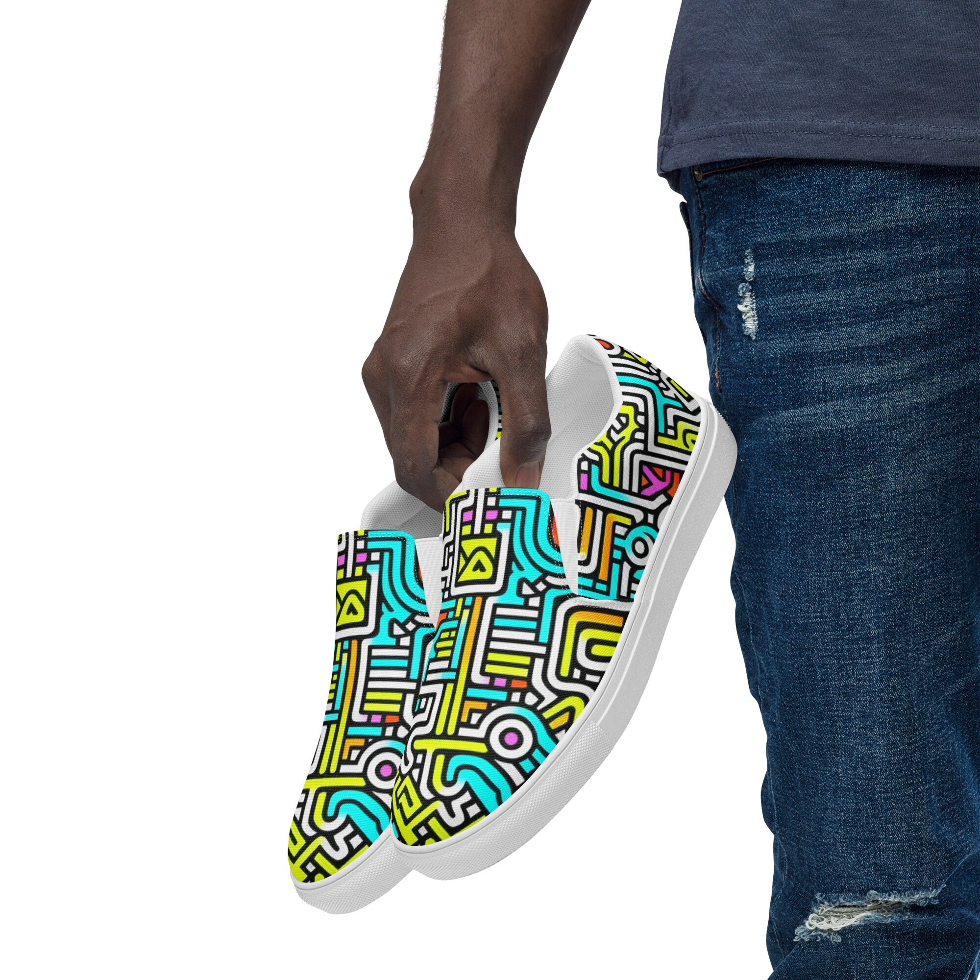 Mens 90s Neon Maze Pattern Slip-on Canvas Shoes - Etsy