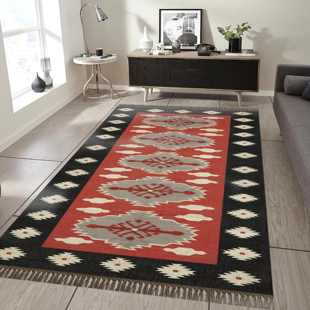 Wool and Jute Rug in Red Color, Handmade Kilim Dhurrie Rug, Traditional ...
