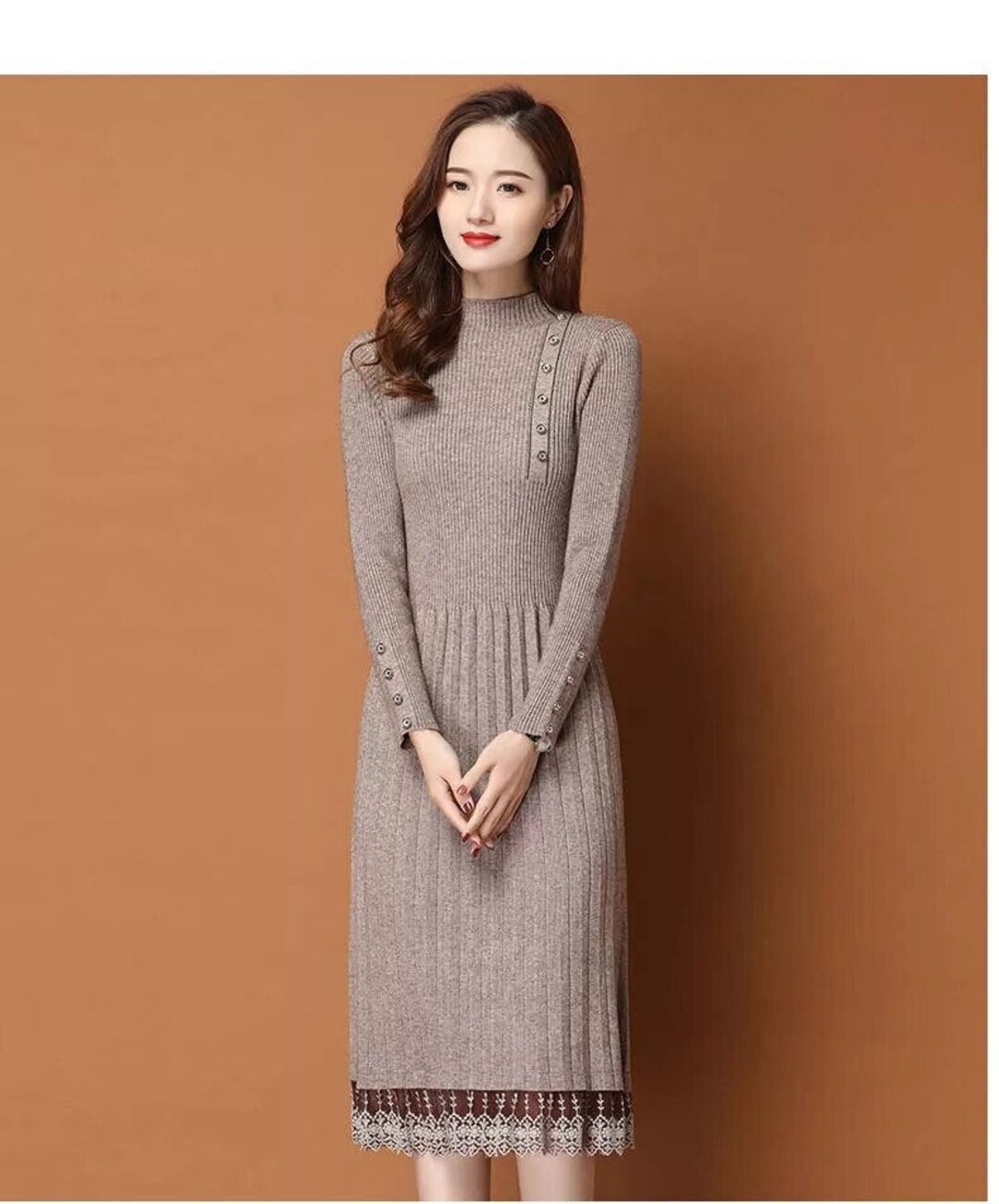 MIDI DRESS, LONG Flared Dress, With Lace and Buttons, Knitted Fabric ...