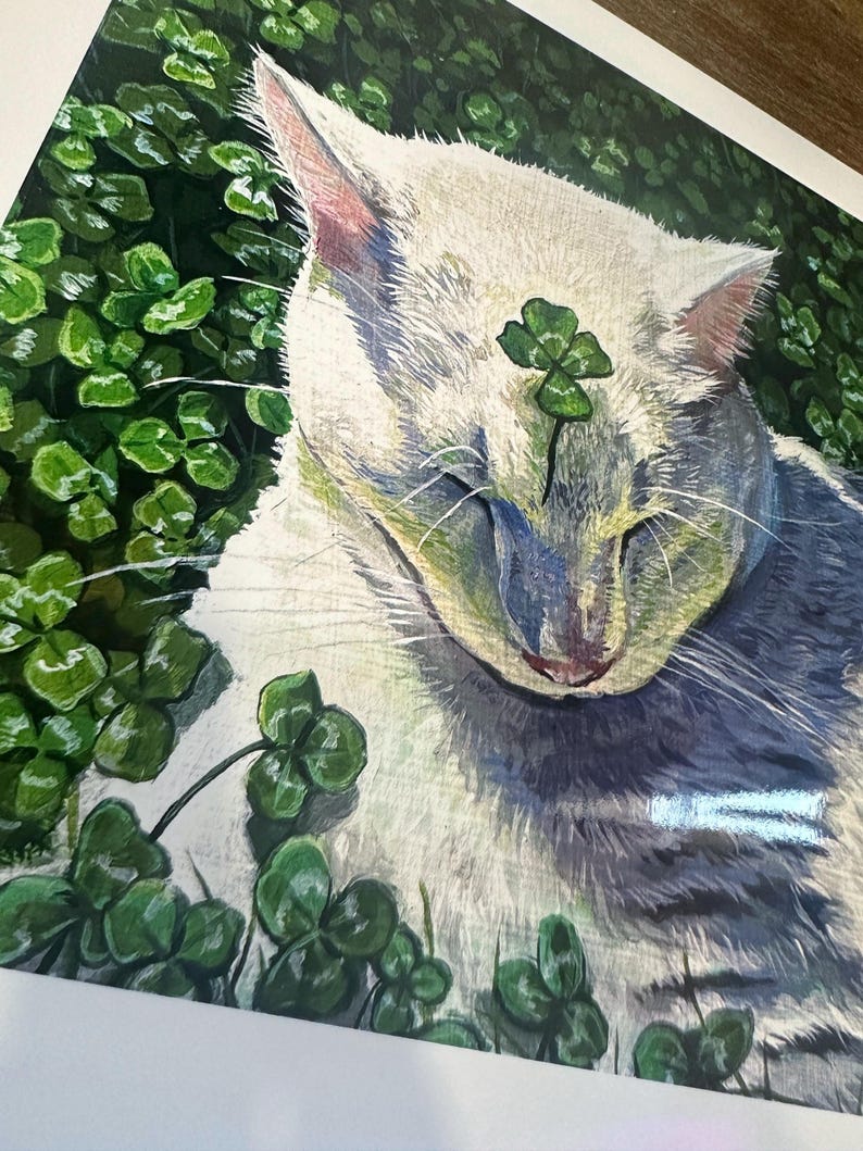 Art Print of Lucky Cat Meme: Four Leaf Clover White Cat Poster - Etsy