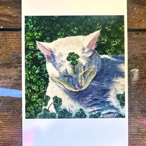 Art Print of Lucky Cat Meme: Four Leaf Clover White Cat Poster - Etsy