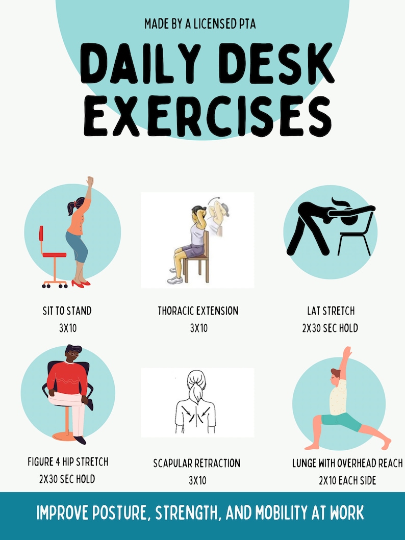 Exercise Poster. Desk Exercises. Daily Exercises. Improve Posture and Mobility at Work. Physical ...