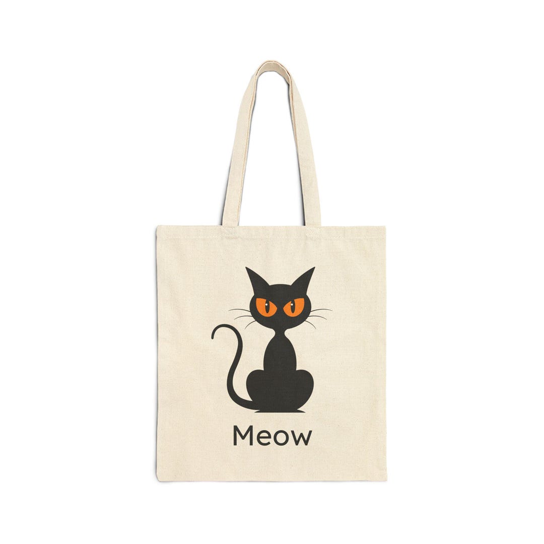 Black Cat Meow Tote Bag, 60s Retro Cat Bag, Black Cat Trick or Treat ...